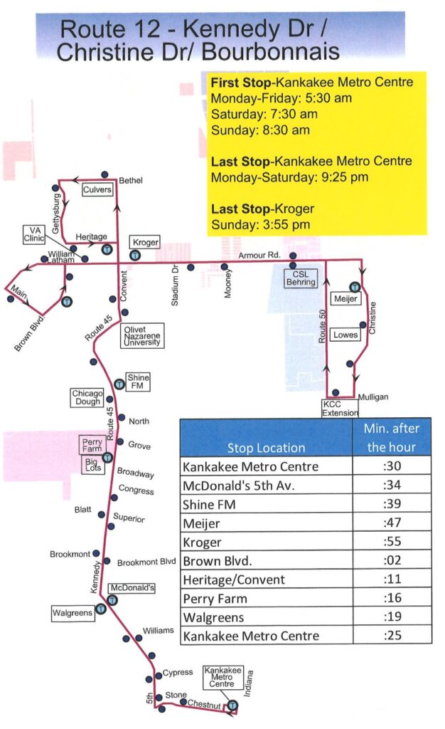Route 12 – Kennedy Dr. / Christine Dr. / Bourbonnais – River Valley Metro